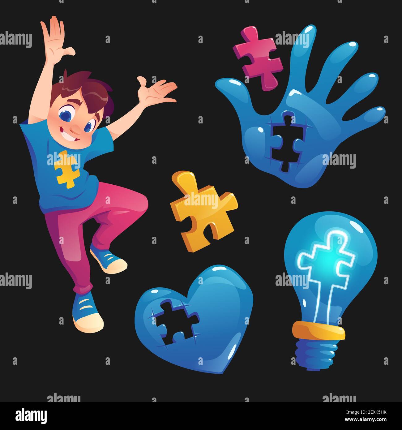 Garçon et symboles avec pièces de puzzle. Notion d'autisme, de maladie ...