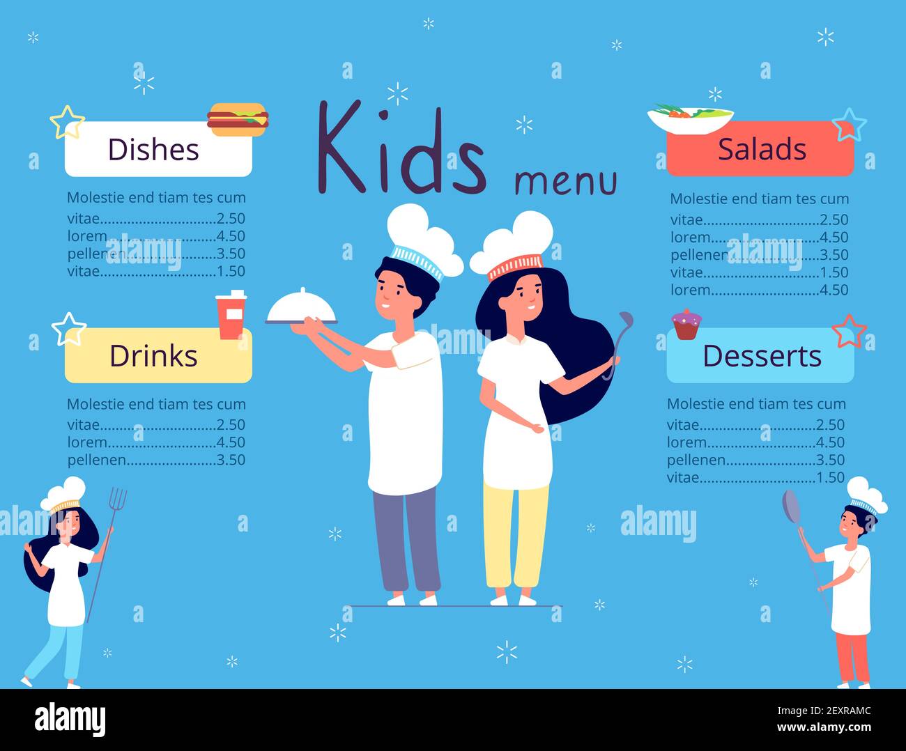 Menu enfants. Les enfants dans le chapeau de chef cuisent la nourriture ...