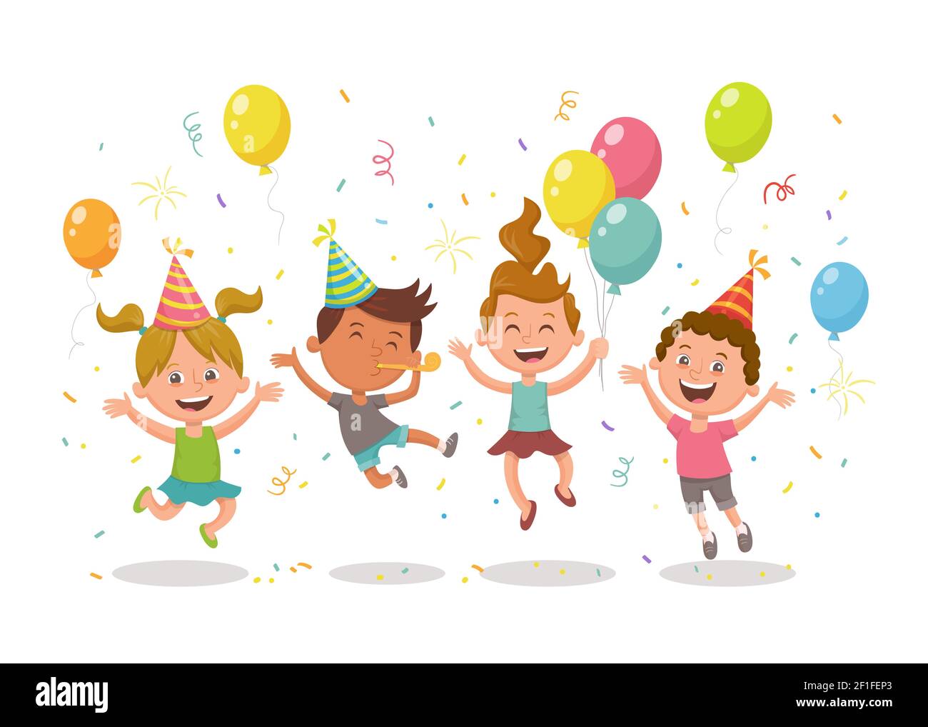 Des enfants heureux fêtant une fête avec des ballons, des chapeaux de ...