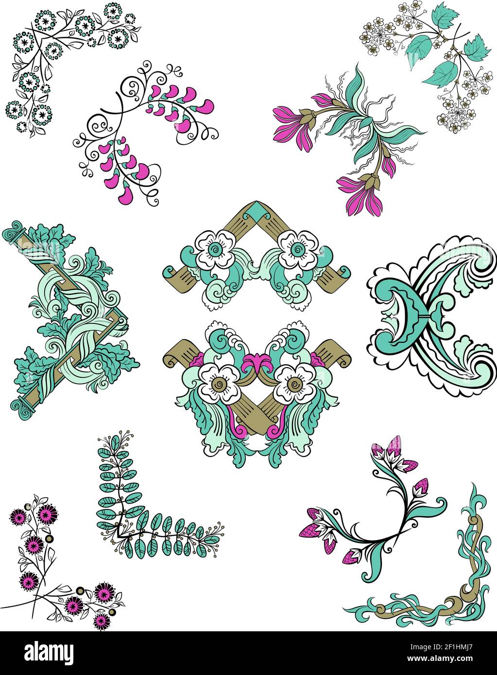 Croquis coloré ornement de fleurs coins ensemble avec fleurs ...