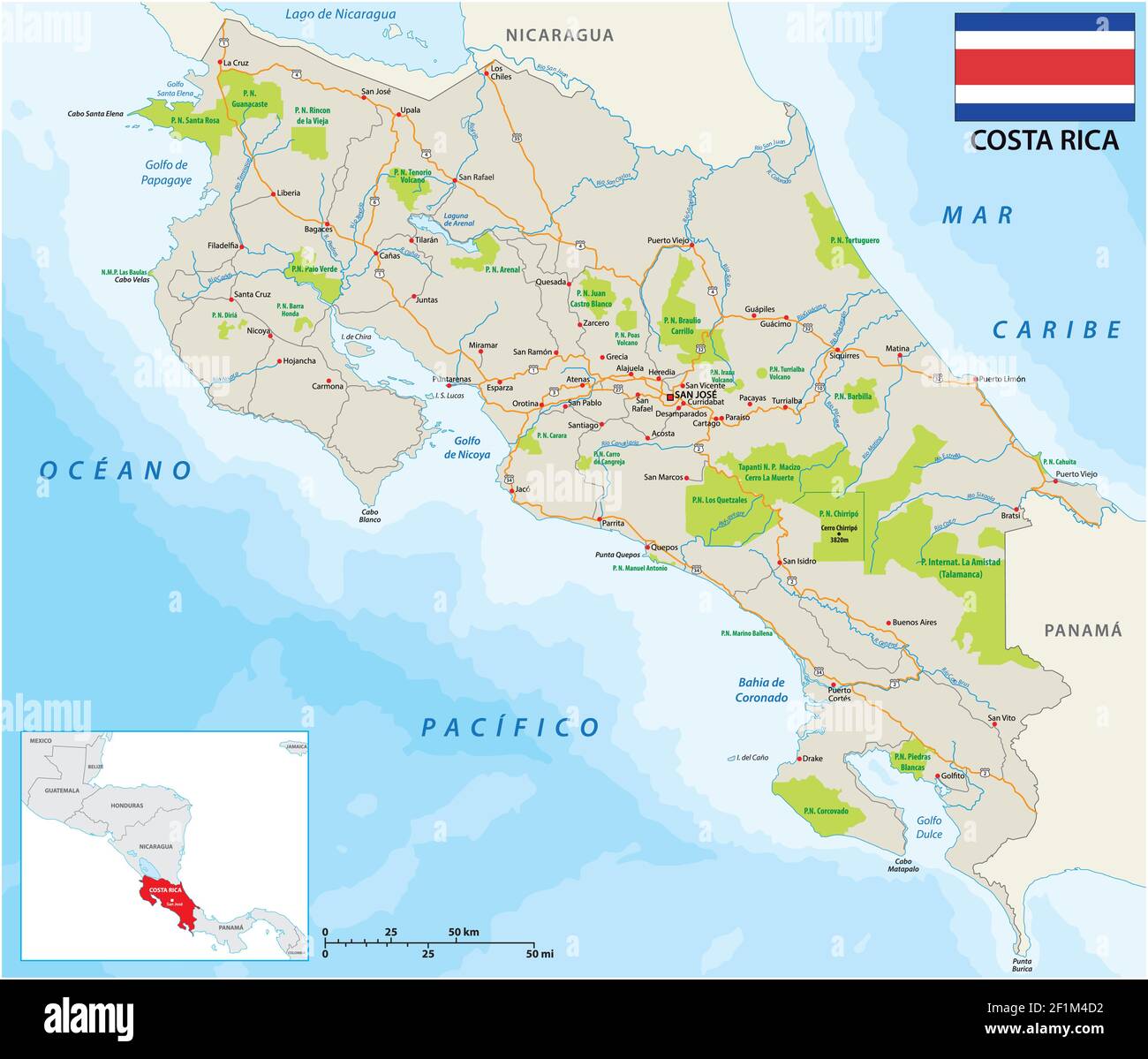 carte routière et parc national du costa rica avec drapeau Image ...