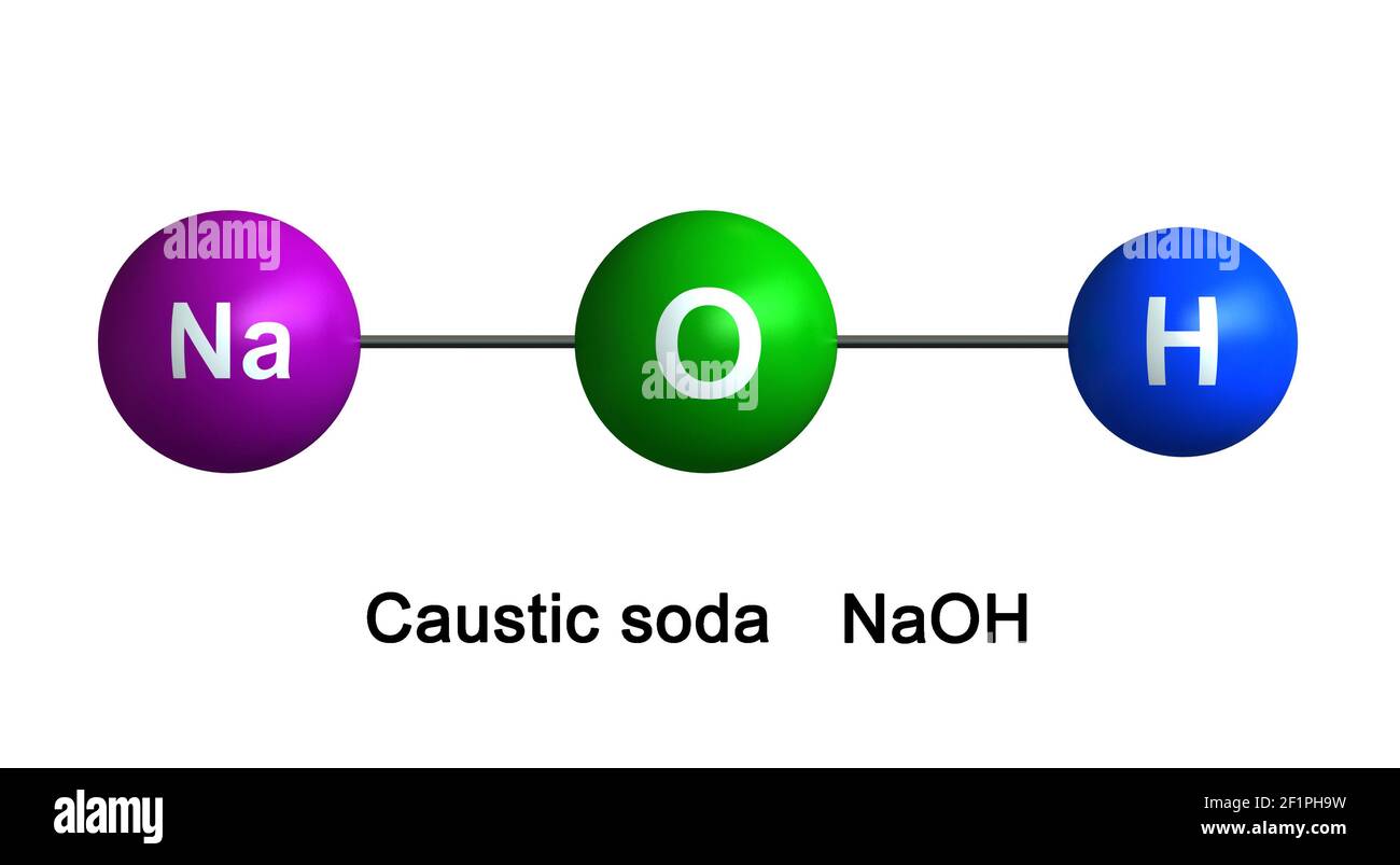 Soude caustique isolée sur fond blanc. Les atomes sont représentés sous ...