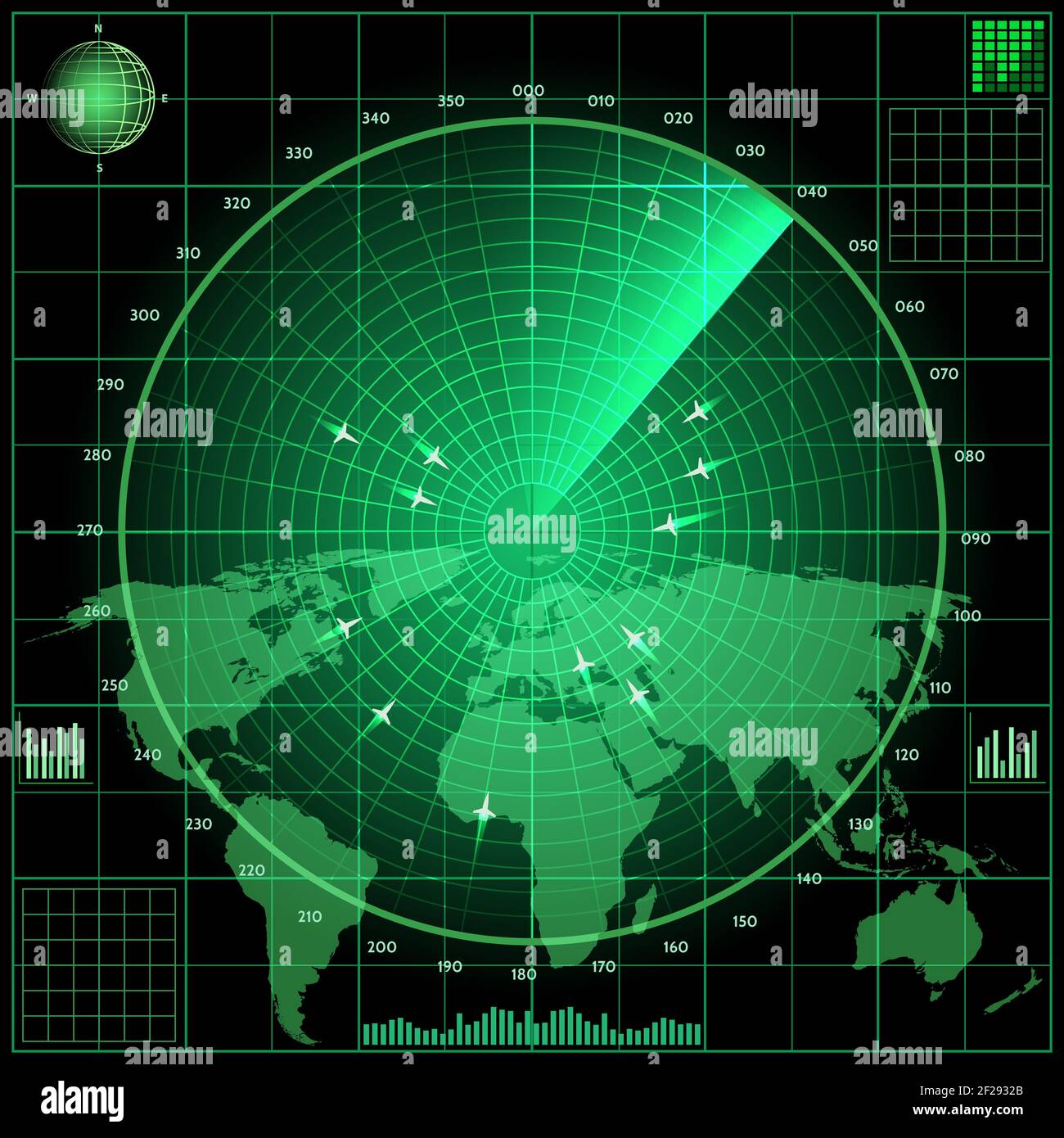 Écran radar avec plans. Fond de la carte du monde, technologie ...