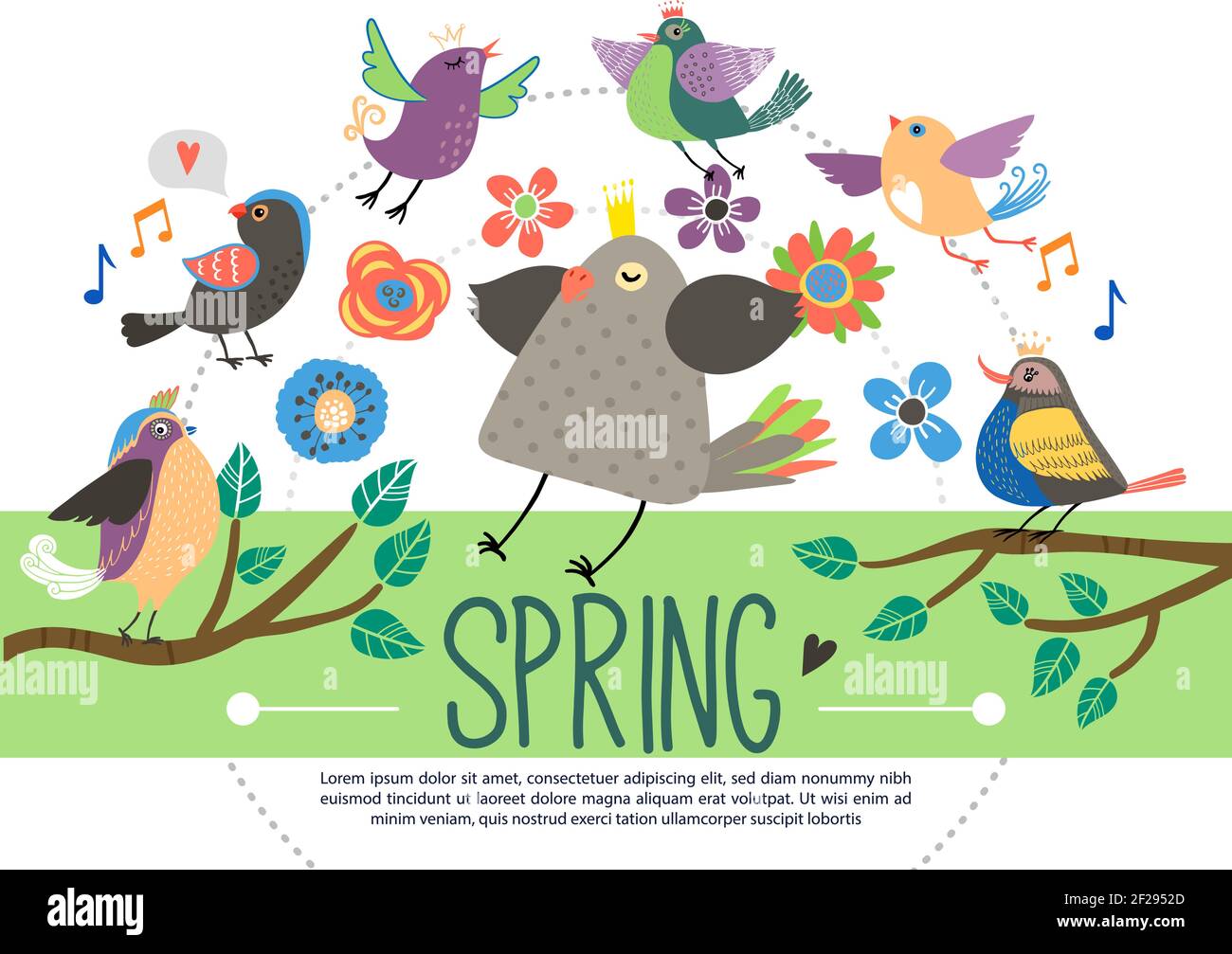 Modèle de printemps plat avec fleurs magnifiques adorables oiseaux ...