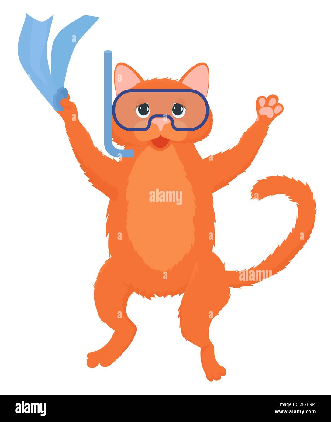 Plongeur de chat au gingembre avec palmes et mascotte de dessin animé ...