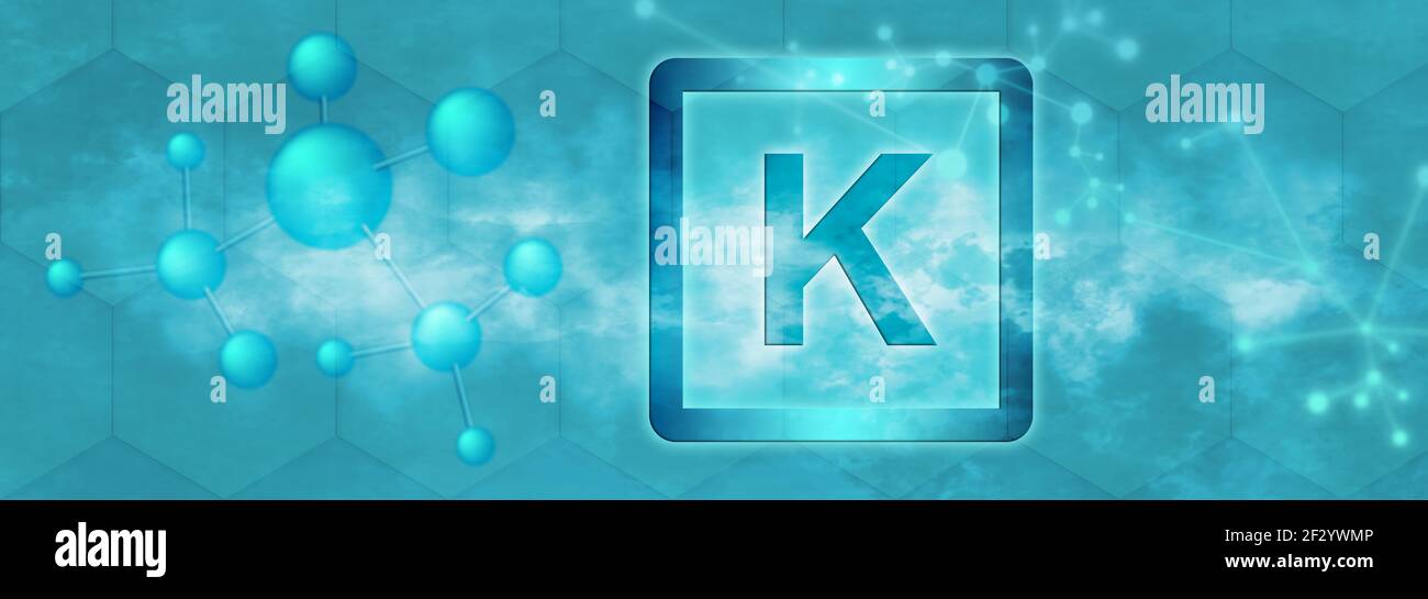 Symbole K. Élément chimique de potassium avec molécule et réseau sur ...