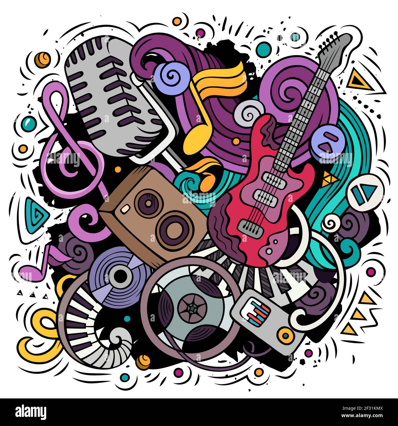 Dessin animé vectoriel griffée musique disco illustration. Coloré ...