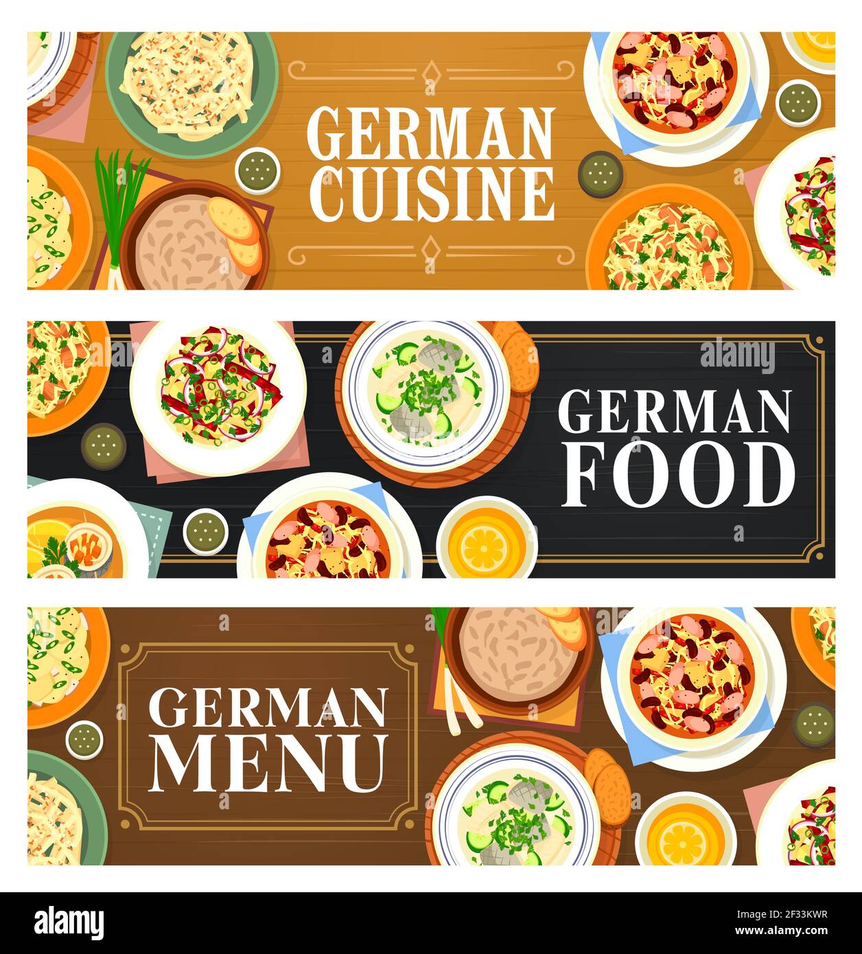 Banderoles de cuisine allemande, plats allemands et menu de restaurant ...