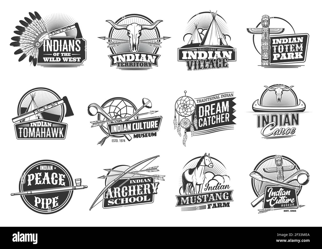 Icônes indiennes indigènes, culture et traditions du Far West, vecteur ...