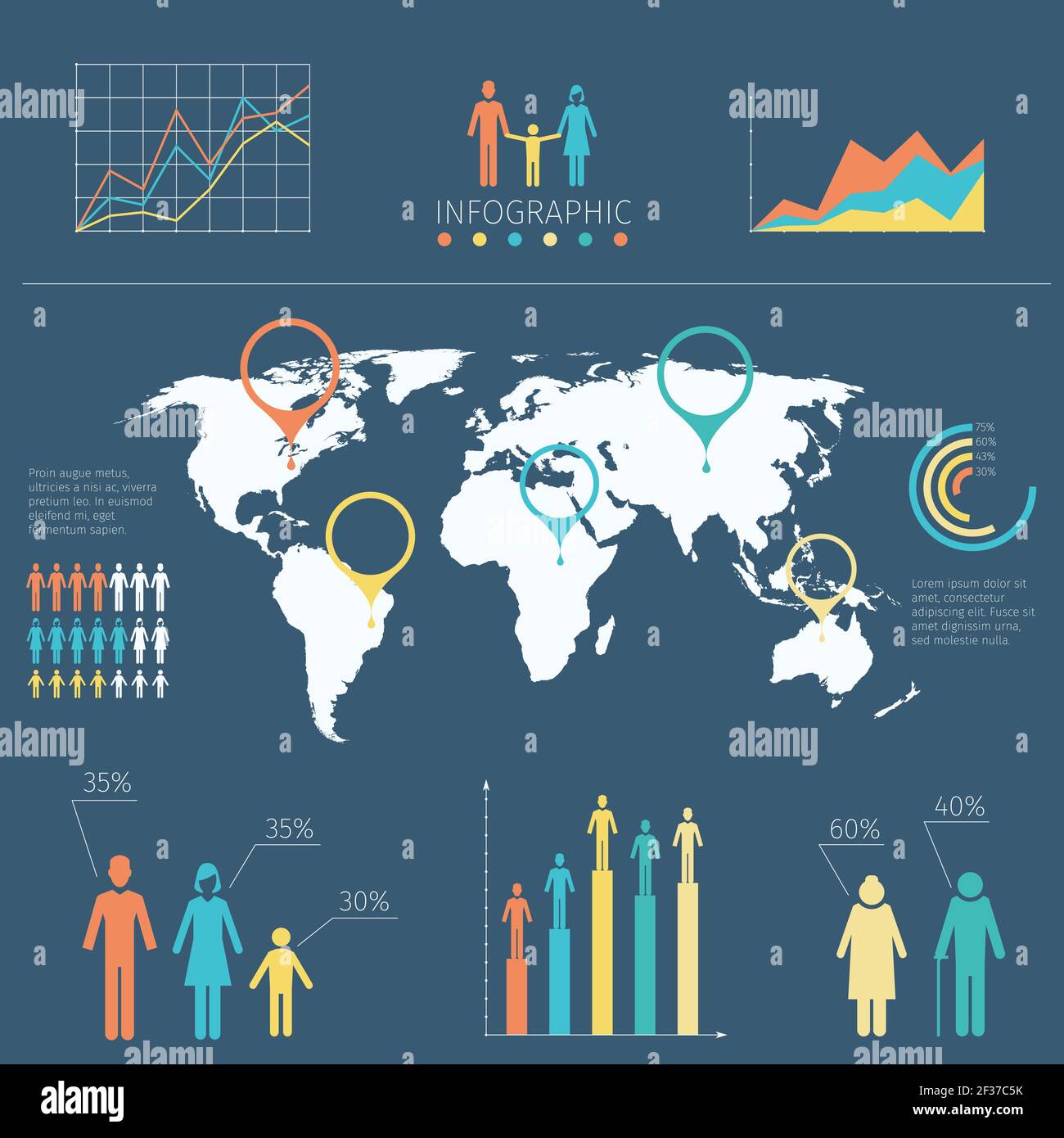 Infographie vectorielle avec icônes et graphiques de personnes. Carte ...