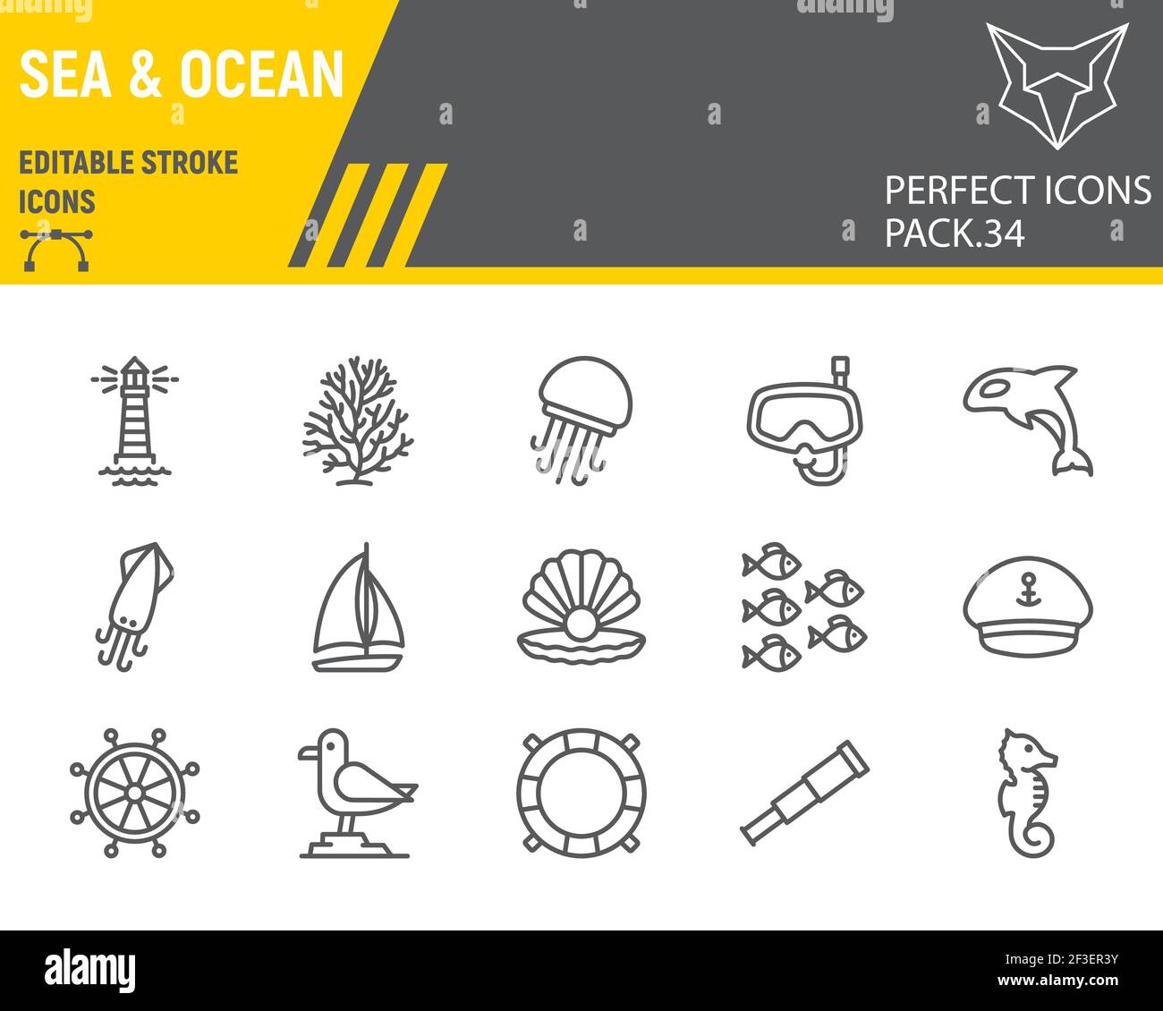 Jeu d'icônes de la ligne de mer et d'océan, collection d'animaux marins ...