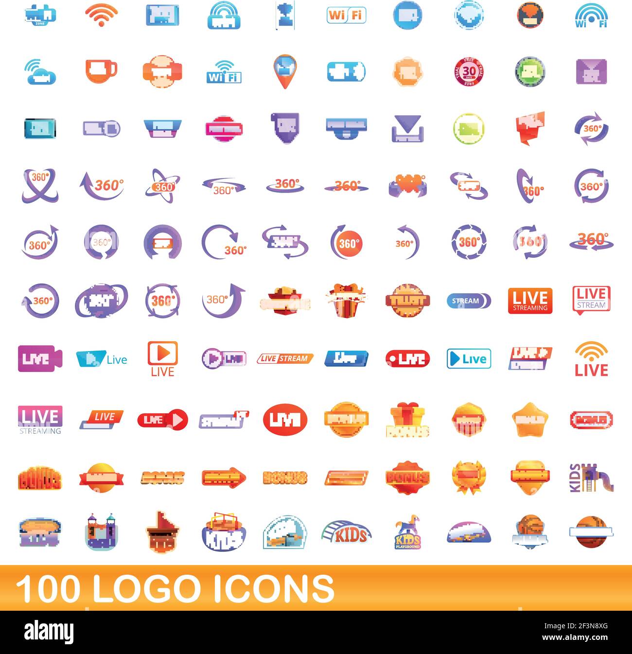 100 icônes de logo définies. Illustration de dessin animé de 100 icônes ...