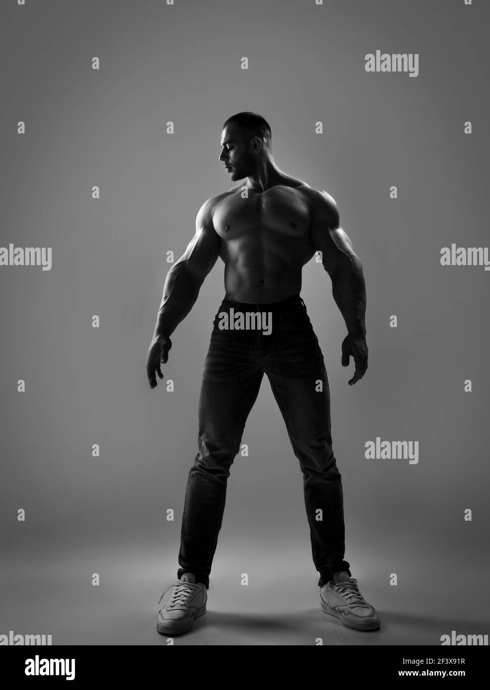 Portrait noir et blanc de beau musclé fort bien construit homme body ...