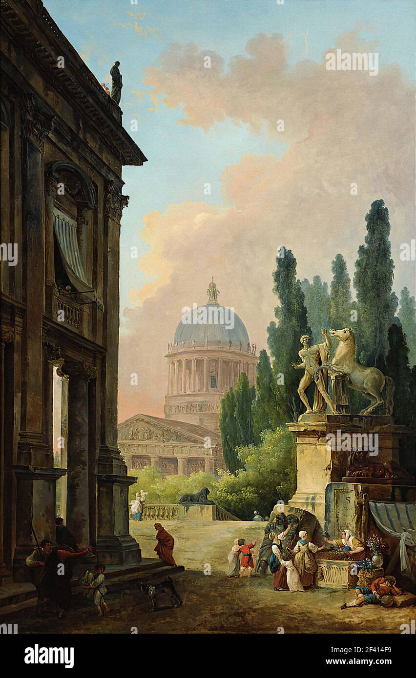 Hubert Robert - vue imaginaire de Rome avec Horse Tamer Monte Église de ...