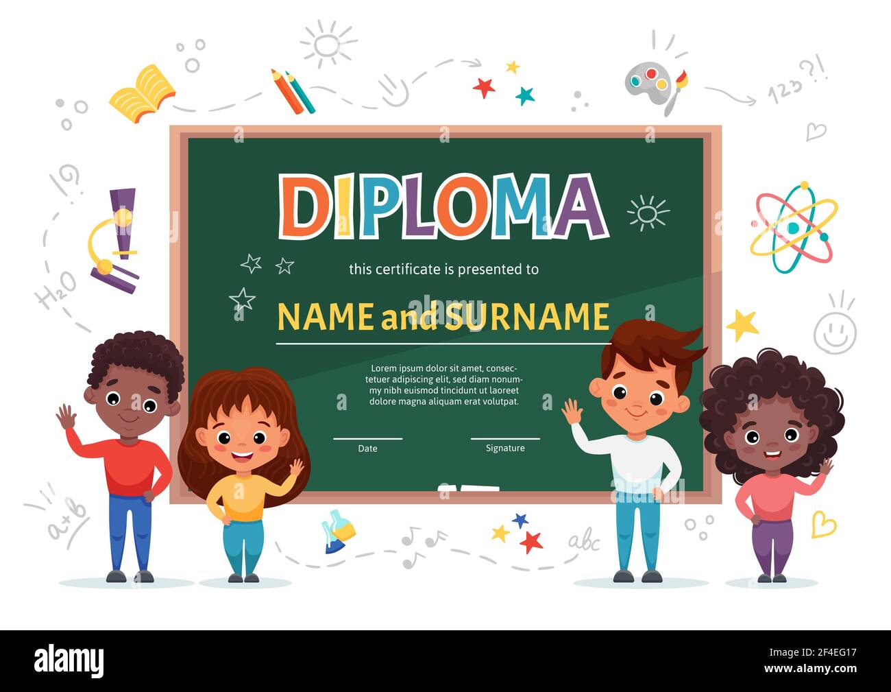 Modèle de certificat de diplôme d'école pour enfants avec de jolis ...