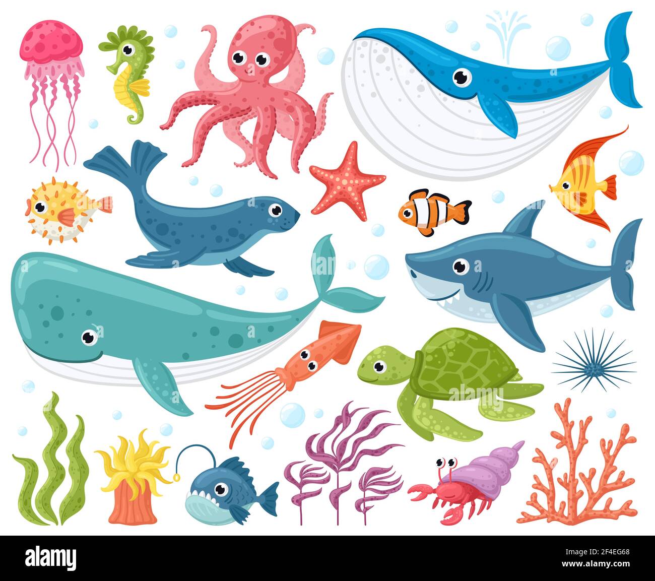 Dessins animés des animaux de mer. Poisson d'océan mignon, pieuvre ...