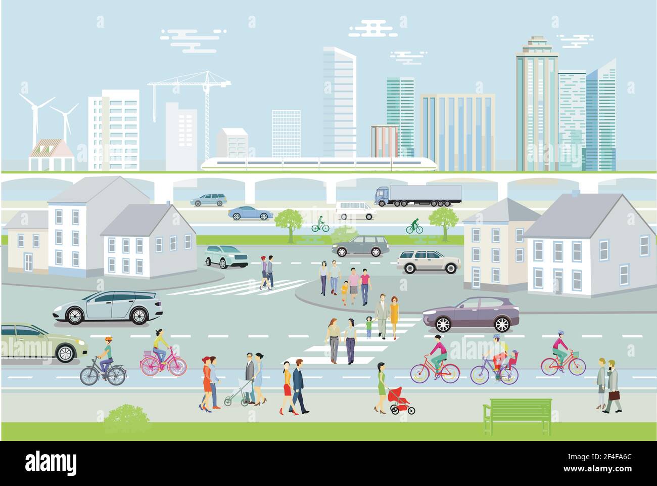 Silhouette de ville avec piétons et circulation routière, illustration ...