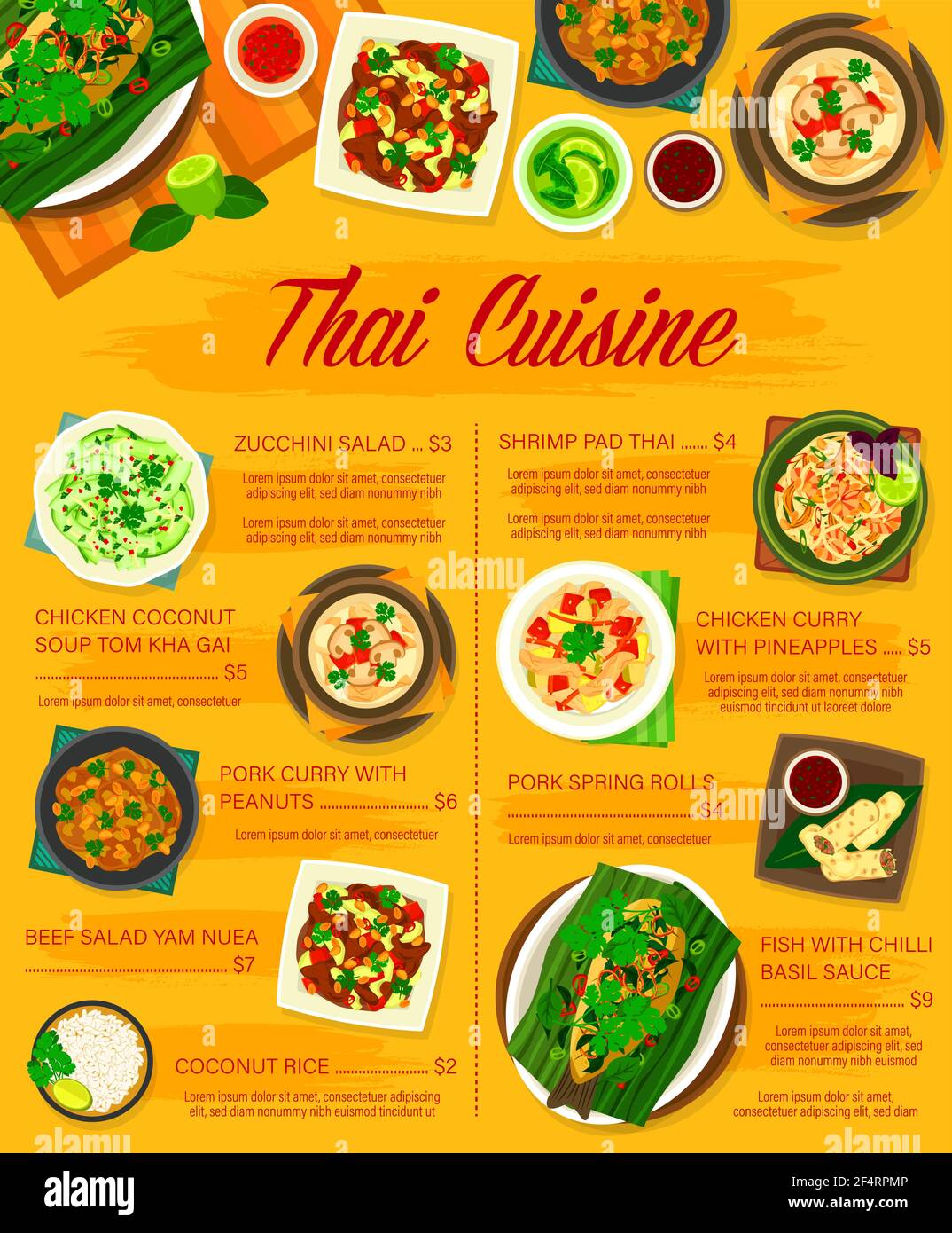 Menu thaï, cuisine thaïlandaise, plats asiatiques, couverture du menu ...