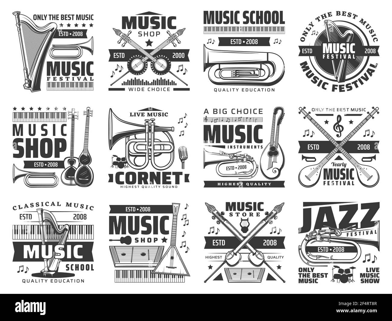 Boutique de musique, festival et école icônes rétro. Vector instruments ...