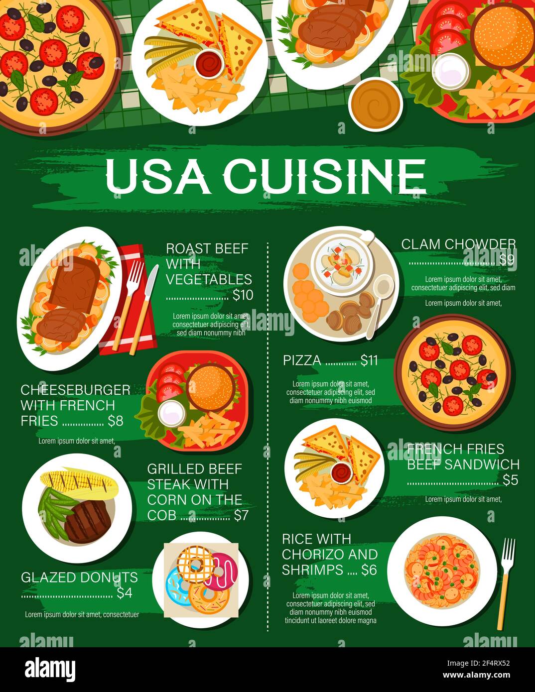 Cuisine américaine menu, restaurant steaks et café déjeuner, Vector USA ...