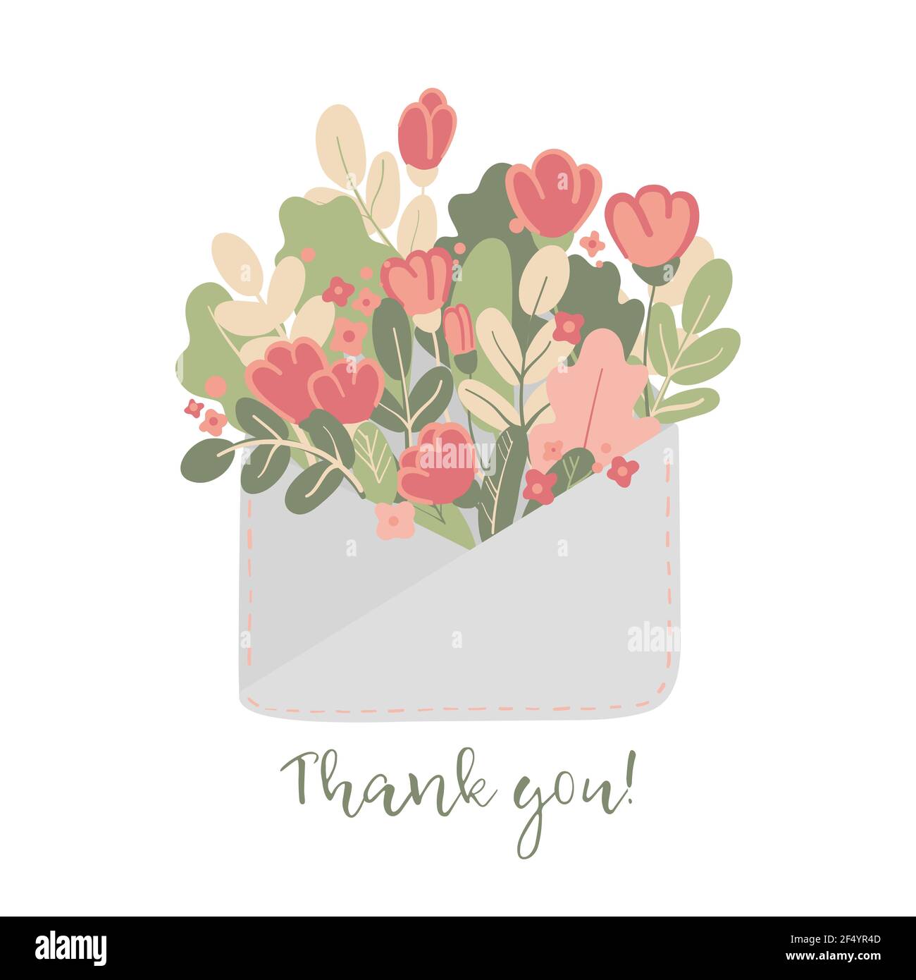 Merci ! Enveloppe avec fleurs roses et feuilles vertes. Carte ...