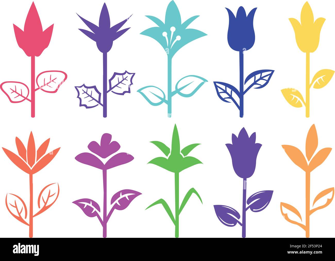 Dessins de silhouettes de fleurs avec tige verticale et feuilles en vue ...