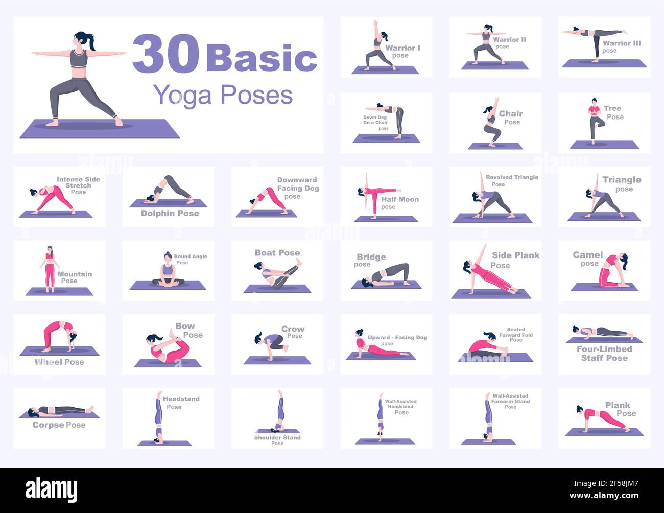 Ensemble de diverses poses de yoga et exercices de forme physique avec ...