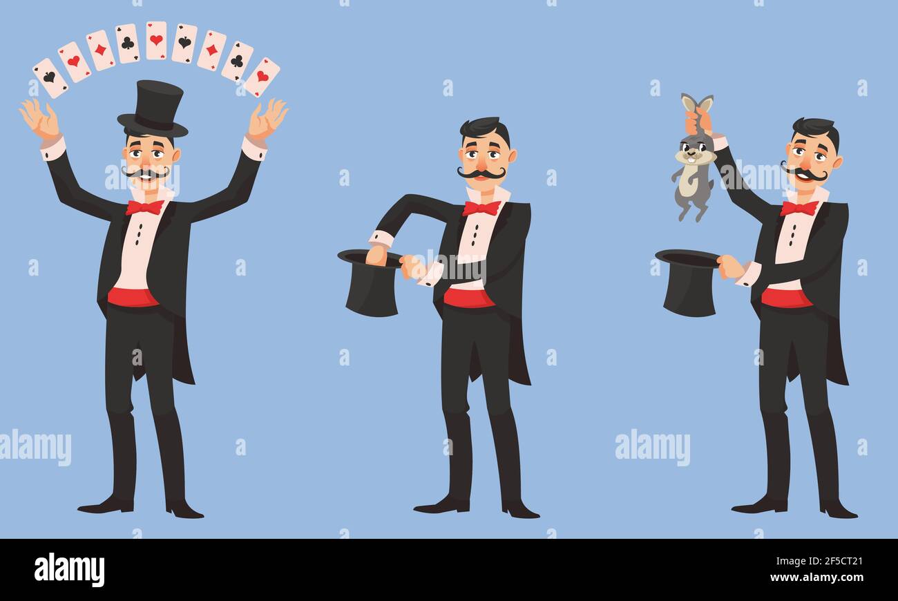 Magicien dans différentes poses. Homme avec une longue moustache en ...
