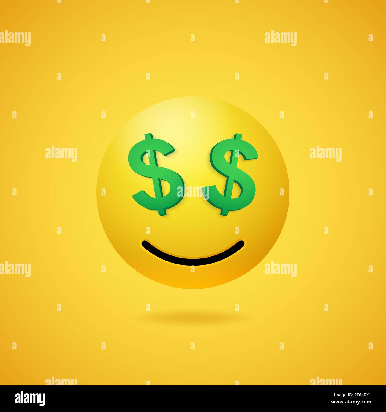 Émoticône riche et souriant avec yeux et bouche signe dollar sur fond ...