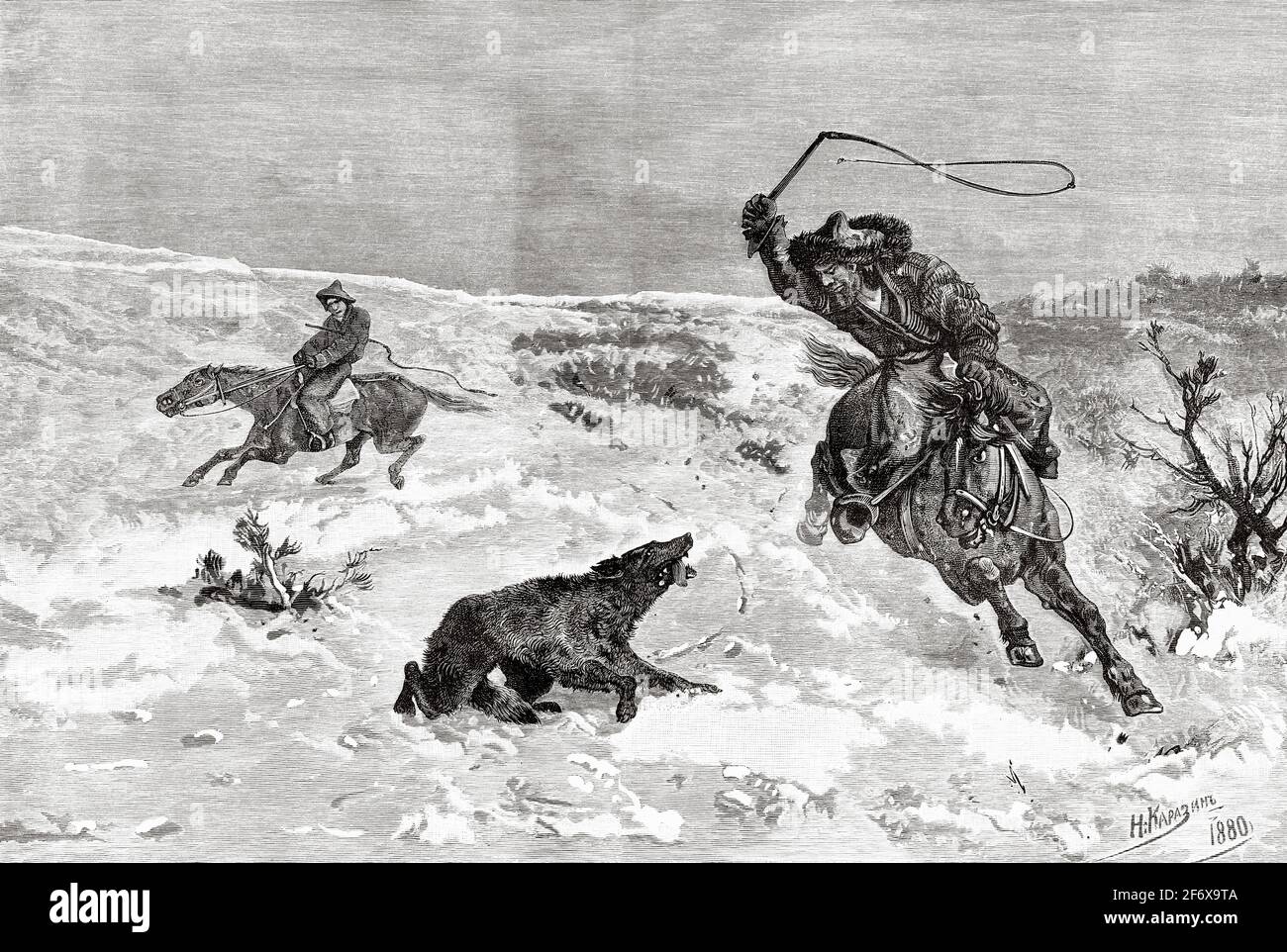 La chasse traditionnelle du whip-loup parmi les Kirghiz. Ancienne ...