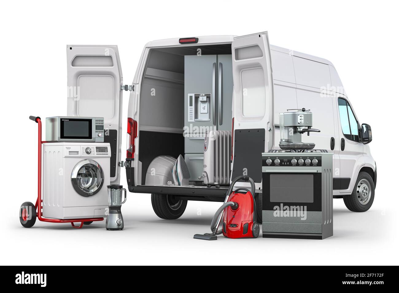 Achat et livraison d'appareils ménagers concept. Fourgon de livraison ...