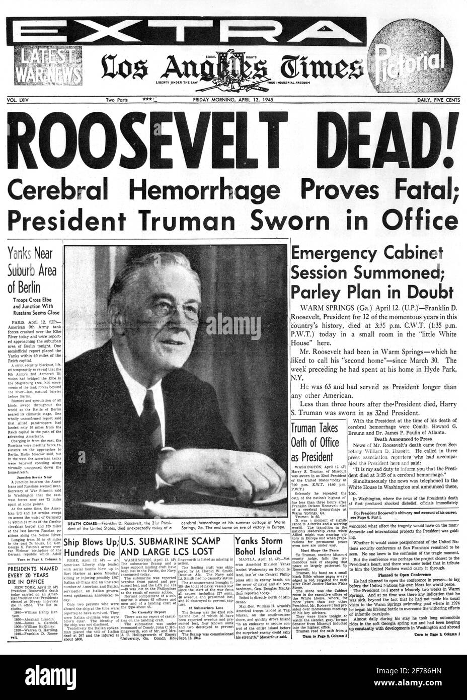 ANNÉES 1940 LE JOURNAL DU LOS ANGELES TIMES, LE TITRE D'AVRIL 13 1945 ...