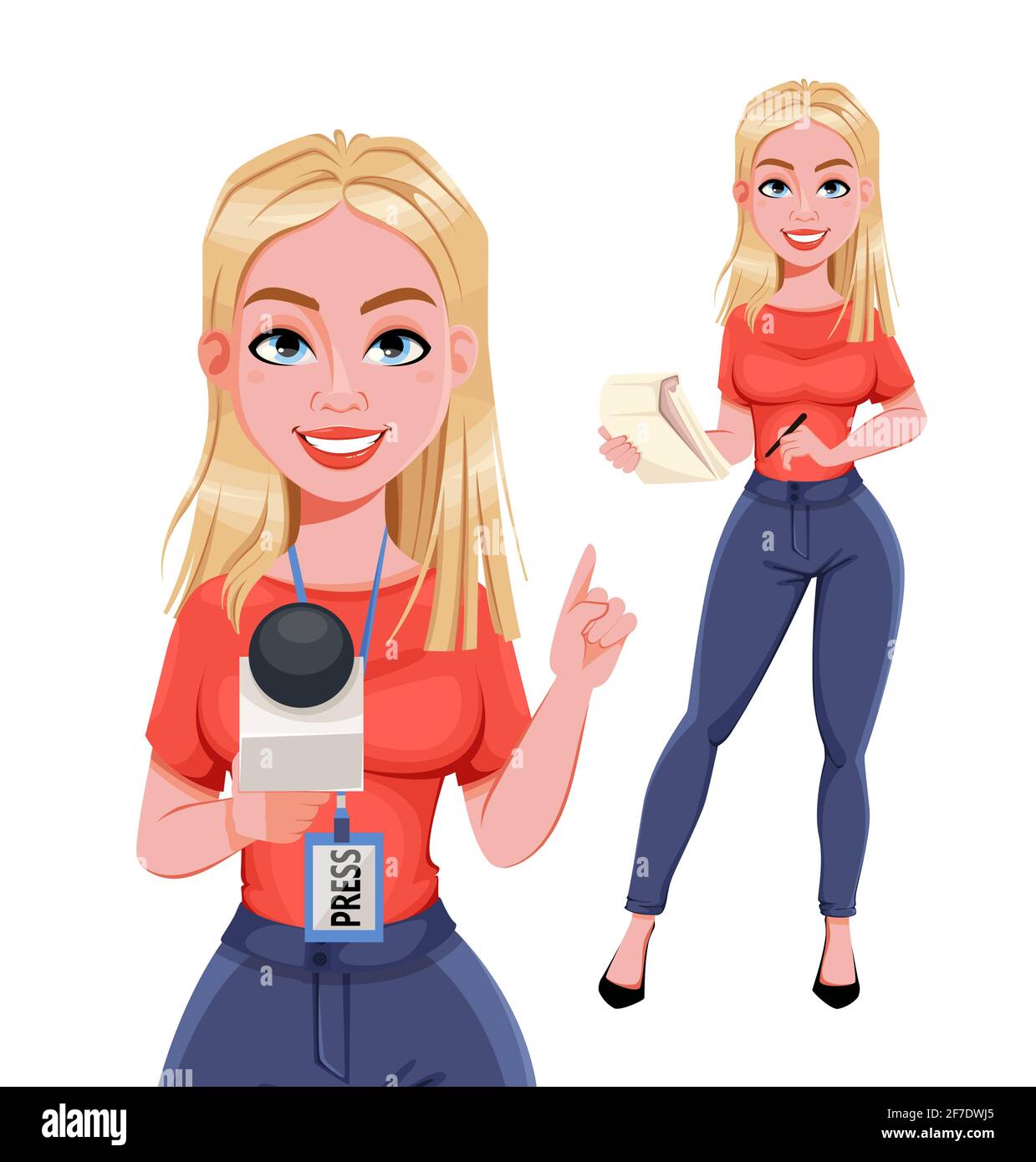 Jeune femme souriante journaliste, ensemble de deux poses. Personnage de dessin animé de ...