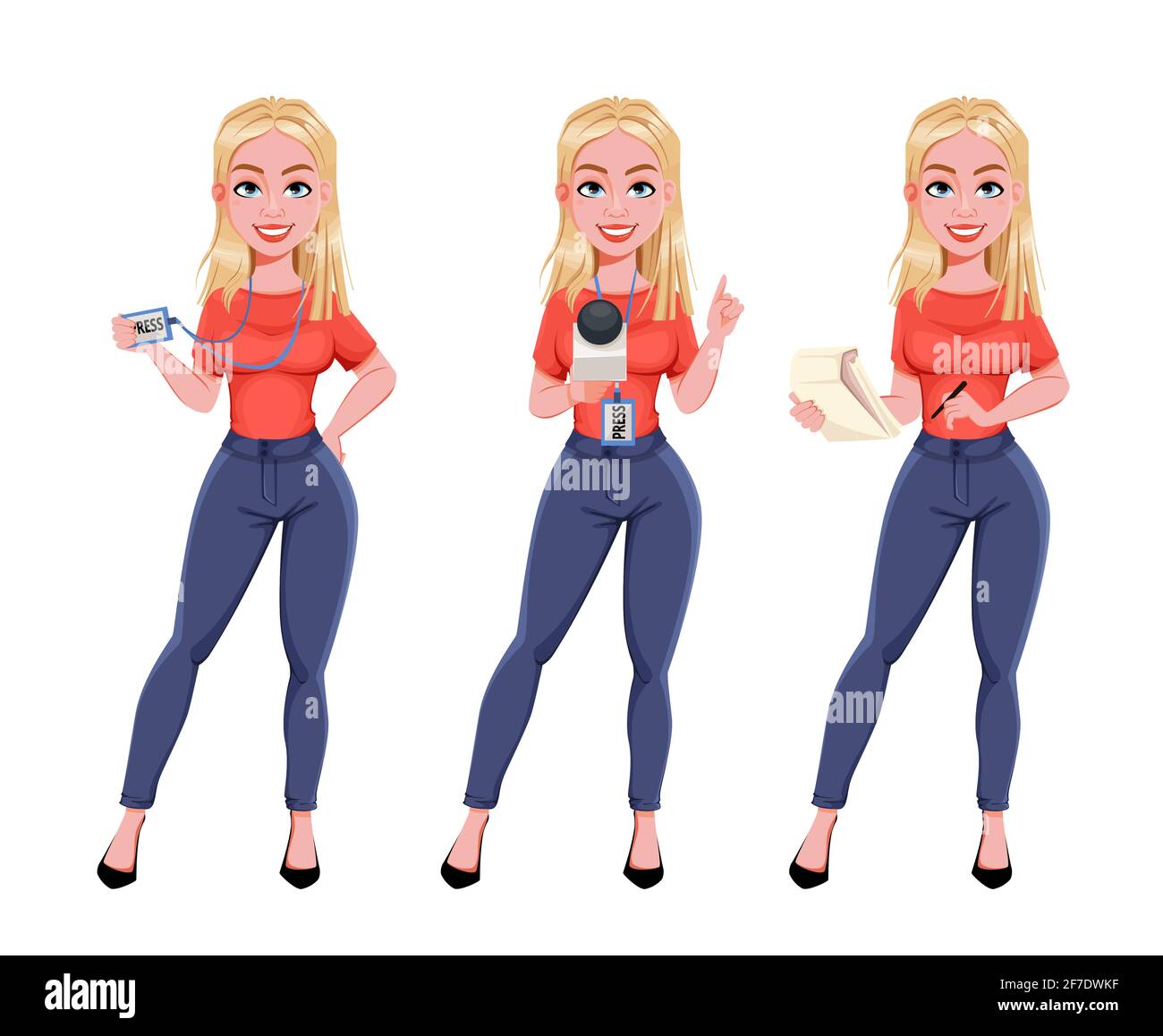 Jeune femme souriante journaliste, ensemble de trois poses. Personnage de dessin animé ...