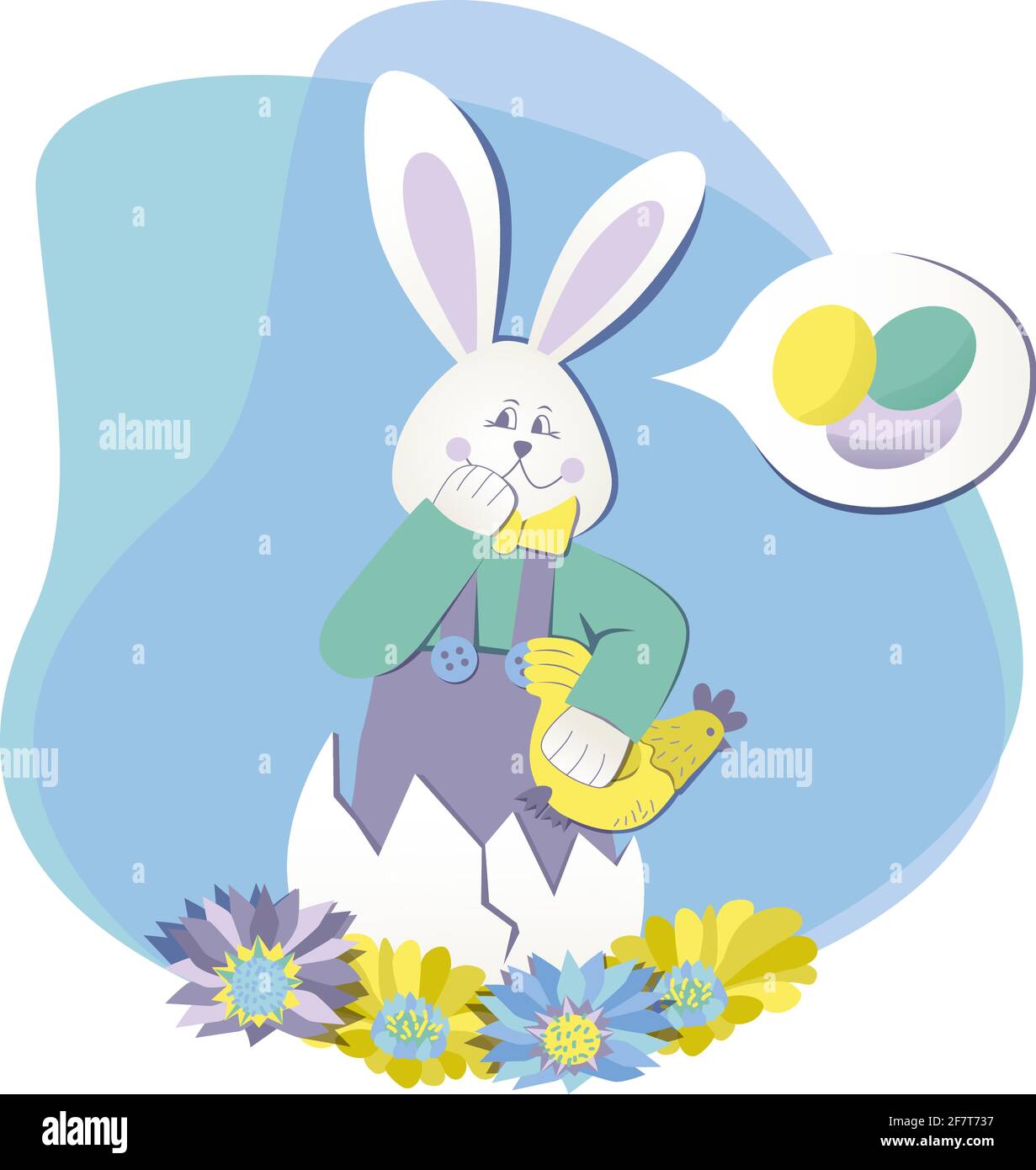 mignon drôle pâques illustration, lapin, oeufs, poulet, fleurs ...