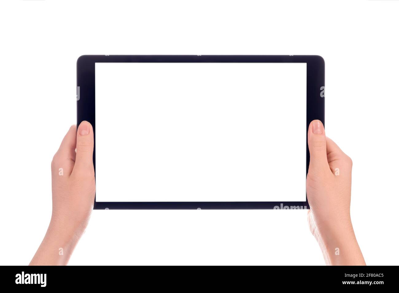 Mains tenant une tablette avec écran blanc. Femmes mains montrant écran ...