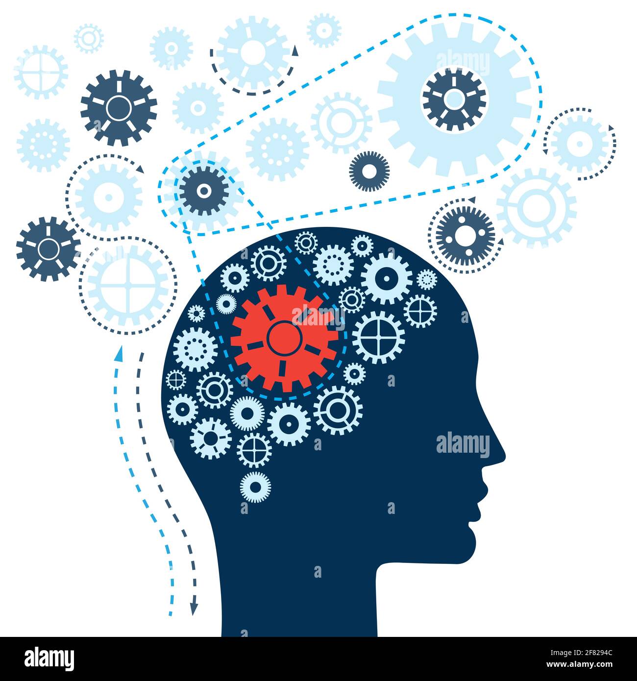 Tête humaine avec engrenages. Concept de fonctionnement du cerveau ...