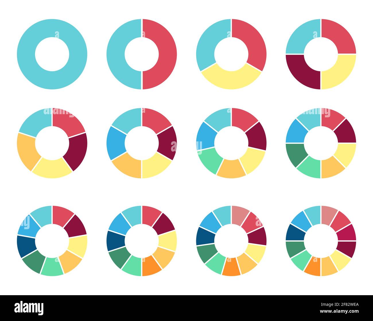 Camembert circulaire. 2,3,4,5,6,7,8,9,10 11 12 sections ou étapes ...