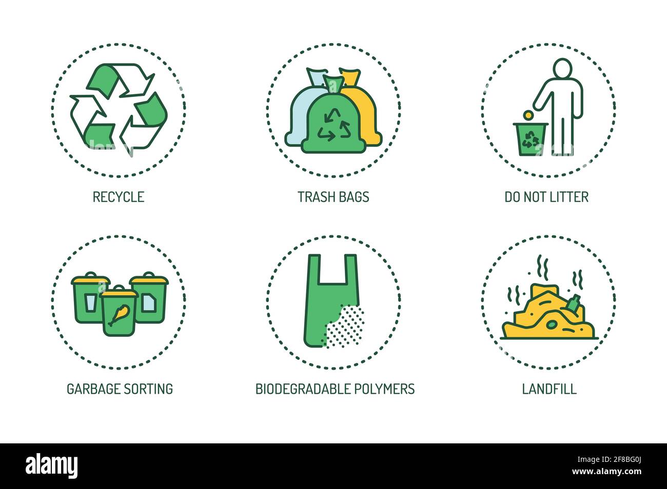 Jeu d'icônes de lignes de couleurs de recyclage. Tri des déchets. Un ...