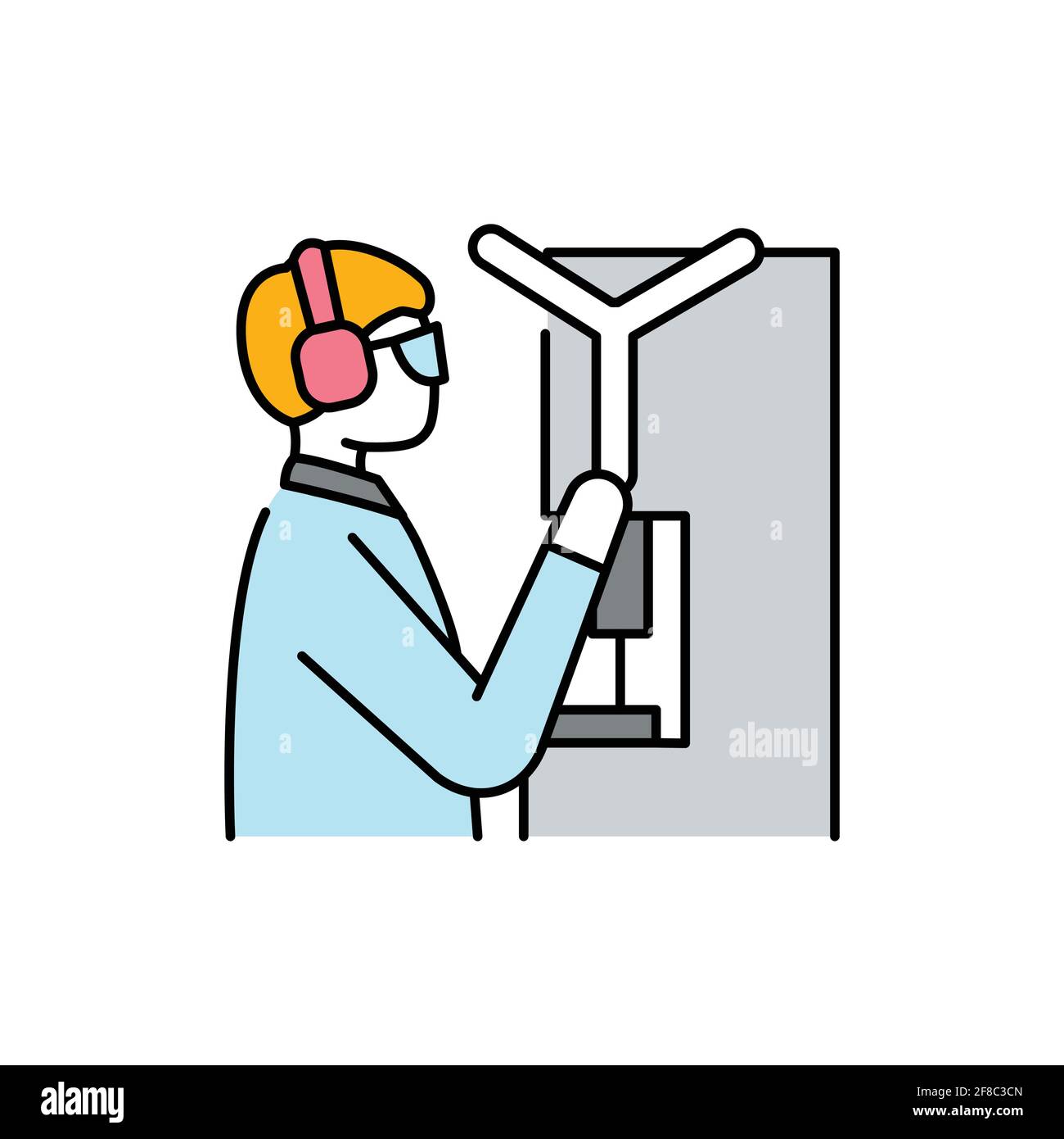 L'employé utilise l'icône de ligne couleur de la machine. Pictogramme ...