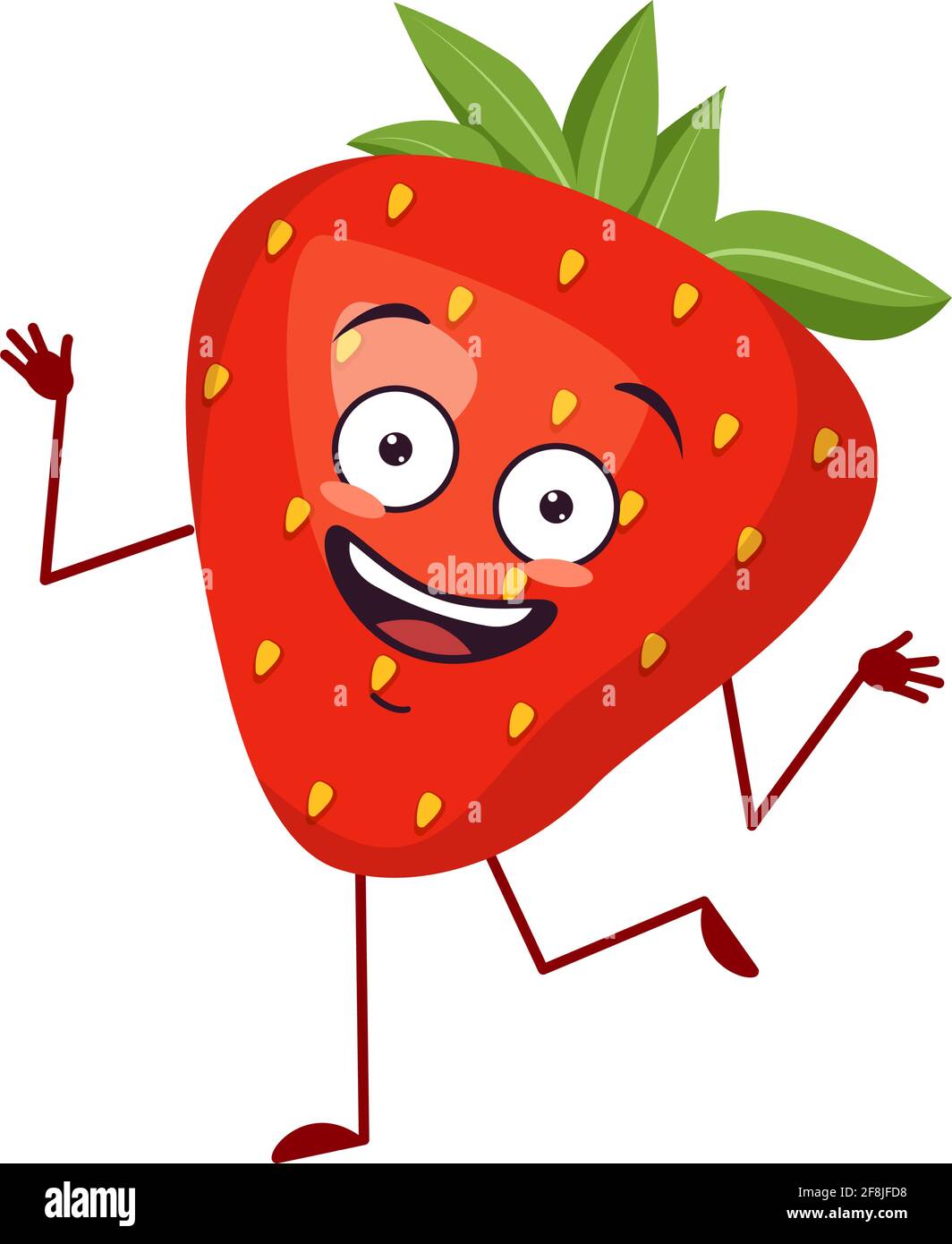Mignon fraise caractère gai avec des émotions dansant, les bras et les ...