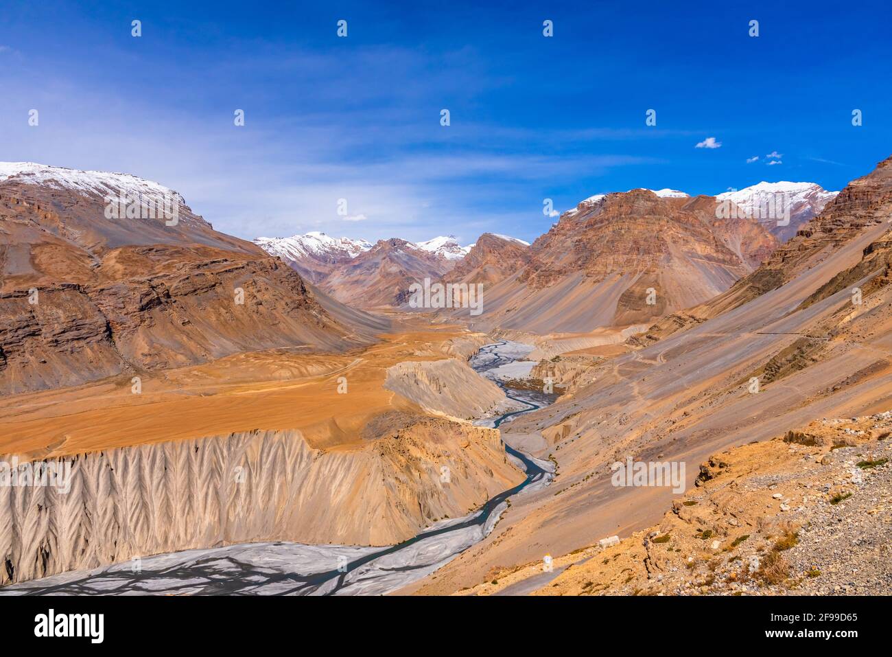 Paysage serein de la vallée de la rivière Spiti avec ravin érodé et ...