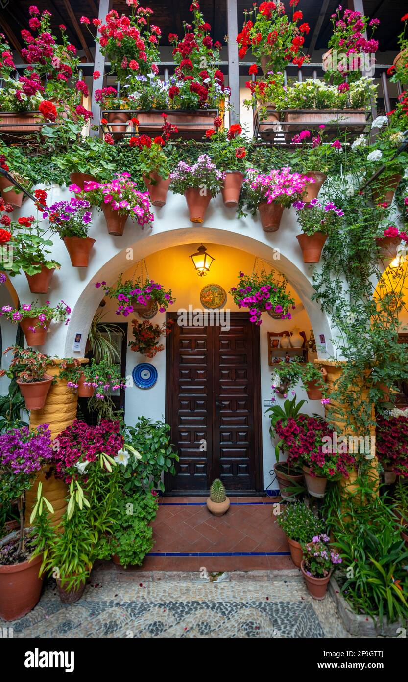 Porte d'entrée et arcade dans la cour décorée de fleurs, Fiesta de los ...