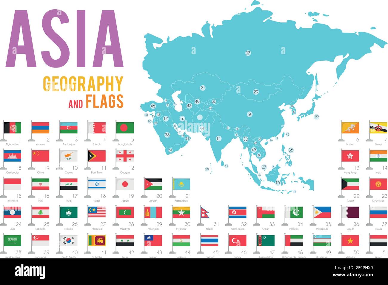 Ensemble de 51 drapeaux de l'Asie isolés sur fond blanc et carte de l ...