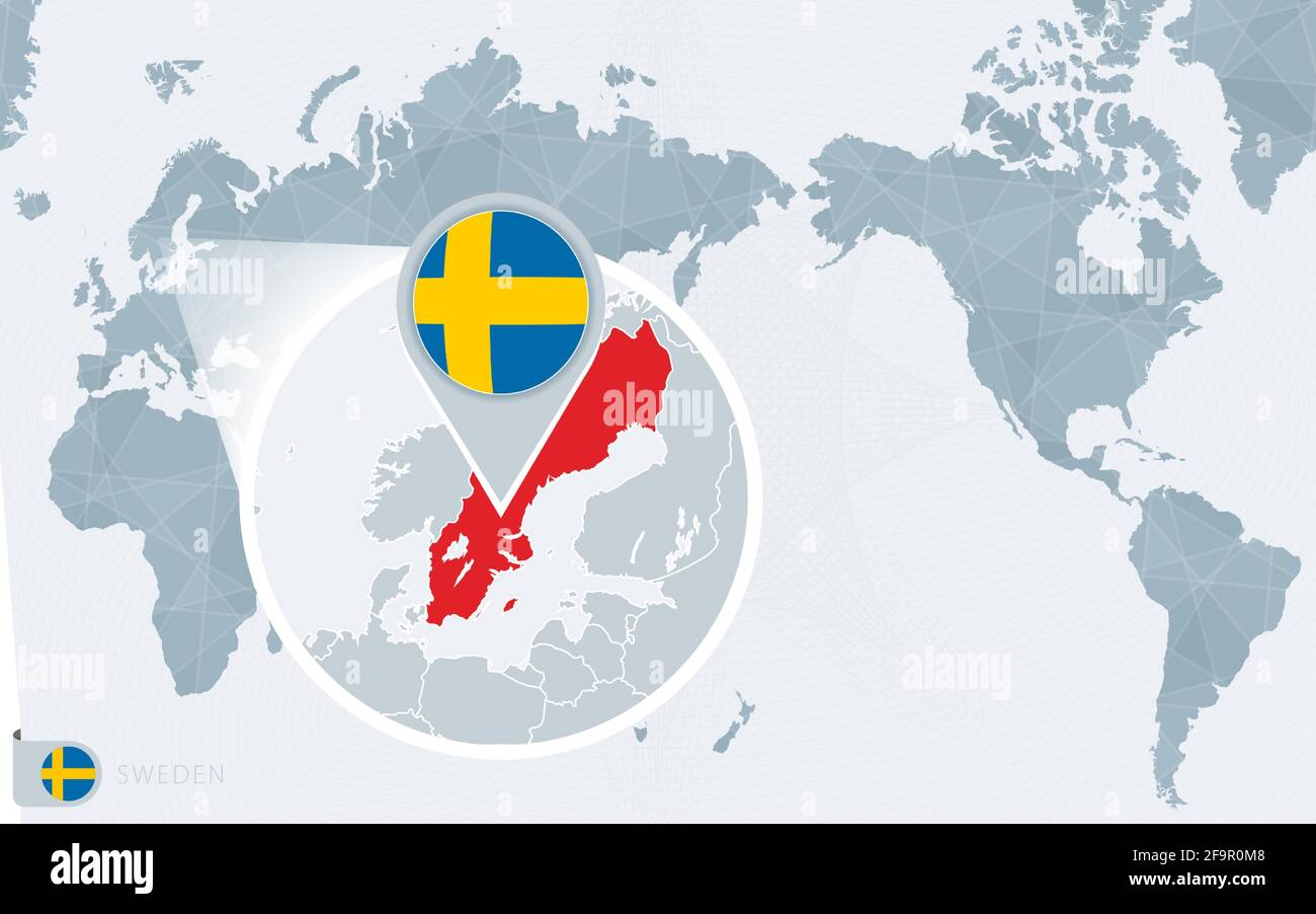 Carte du monde centrée sur le Pacifique avec Suède magnifiée. Drapeau ...