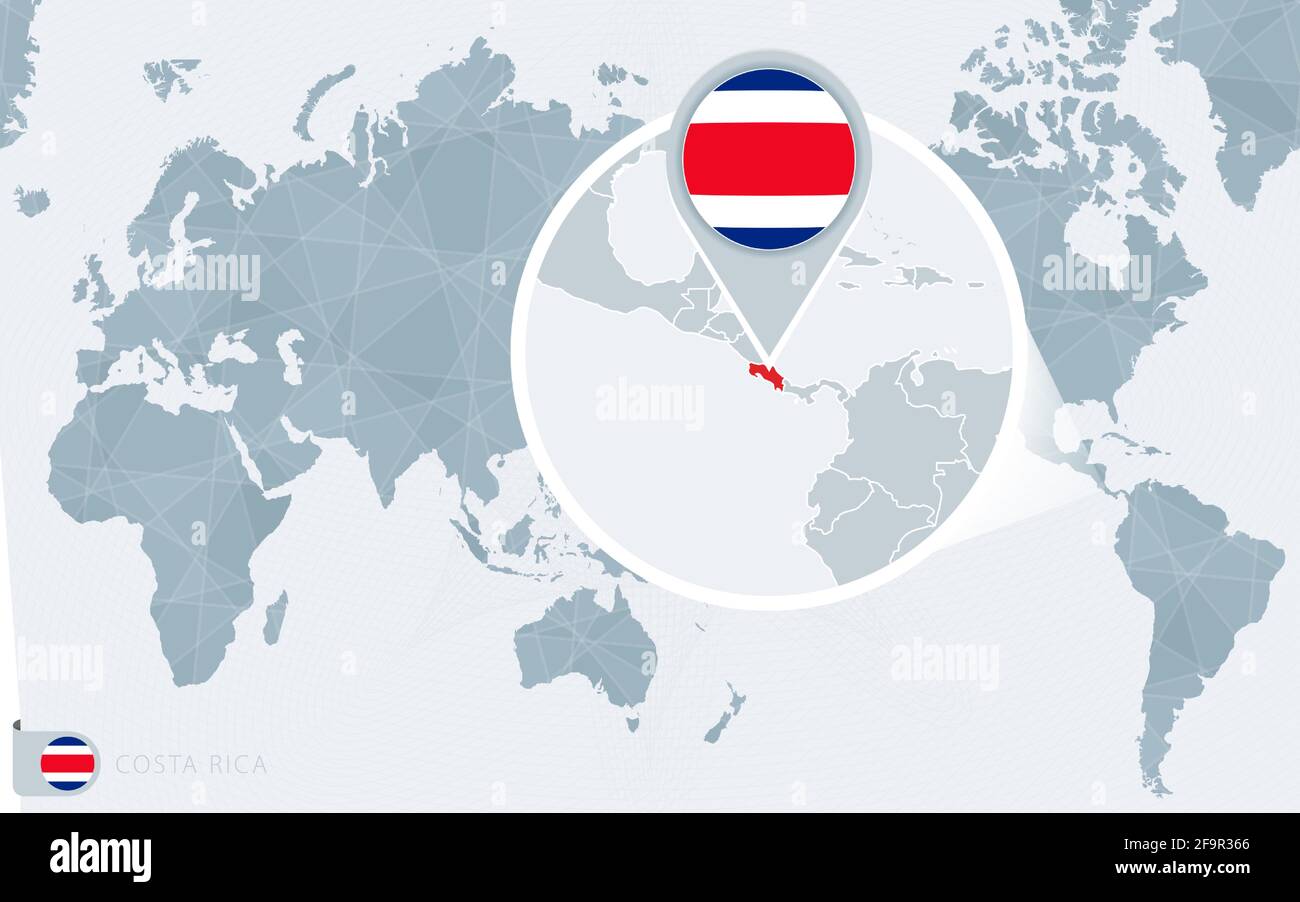 Carte du monde centrée sur le Pacifique avec Costa Rica agrandi ...