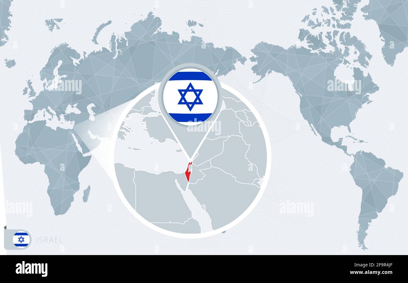 Carte du monde centrée sur le Pacifique avec Israël agrandi. Drapeau et ...