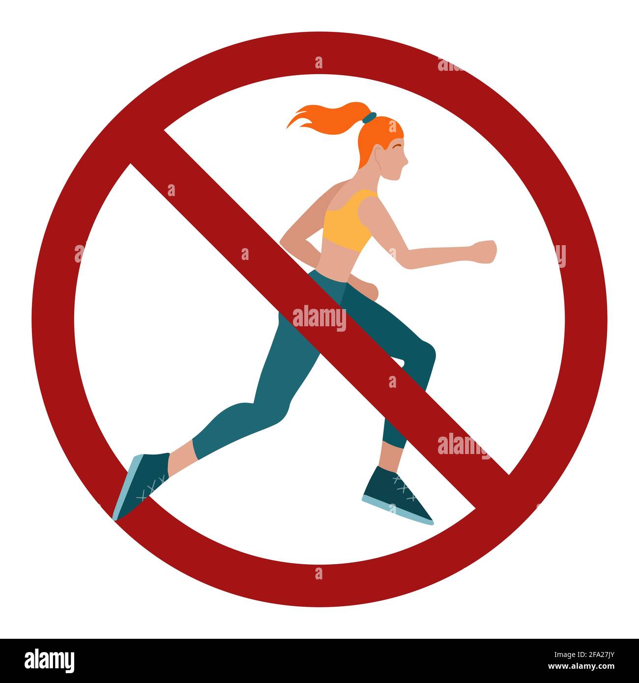 Femme en train de courir dans un panneau d'interdiction. Pas de jogging ...