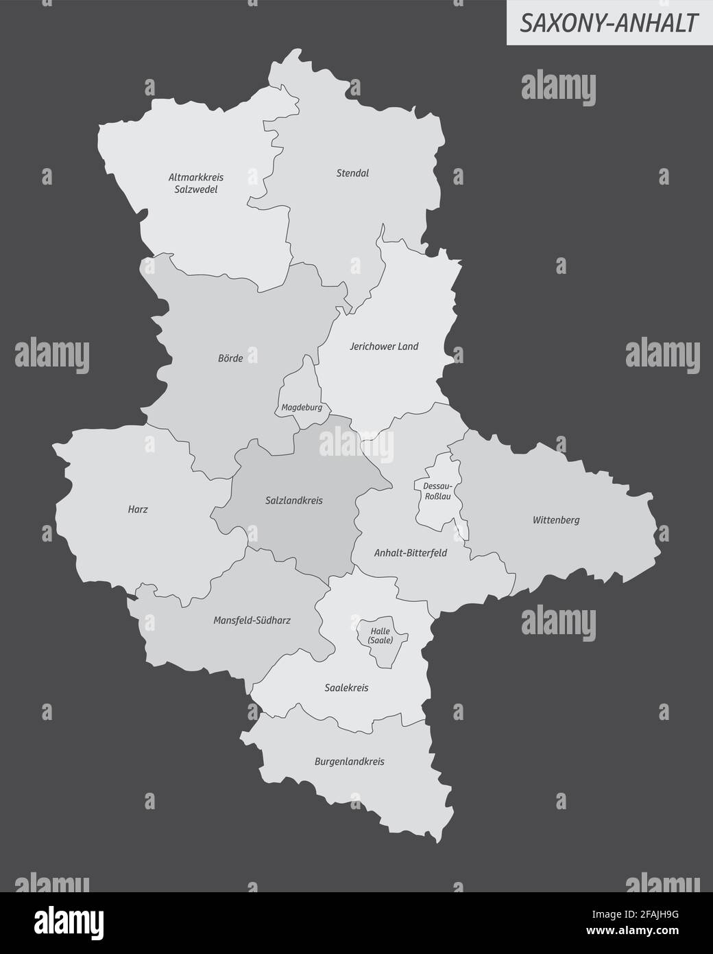 L'état de Saxe-Anhalt, carte isolée divisée en districts avec des ...