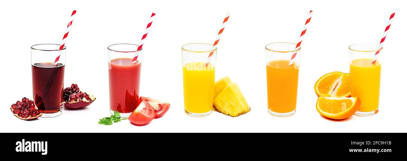 Différents types de jus avec des fruits (grenade, tomate, ananas ...